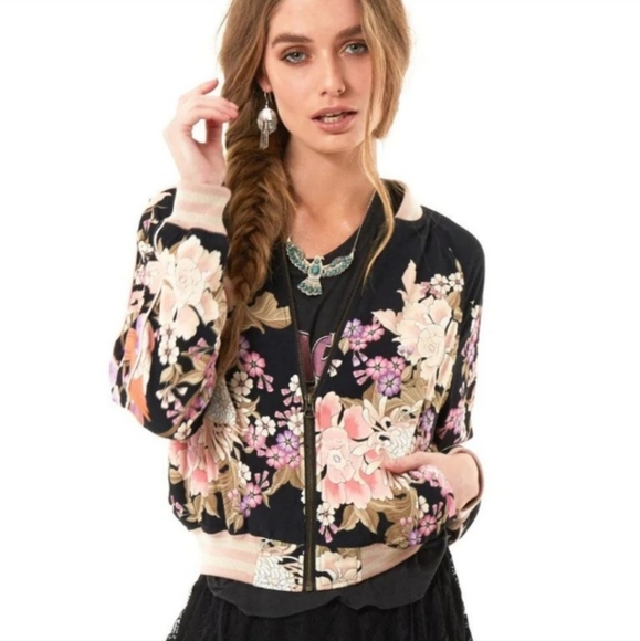 Jackets & Coats | New Boho Vintage Floral Blue Skies Bomber Jacket ...